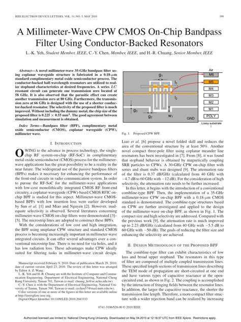 Pdf A Millimeter Wave Cpw Cmos On Chip Bandpass Filter Using Conductor Backed Resonators