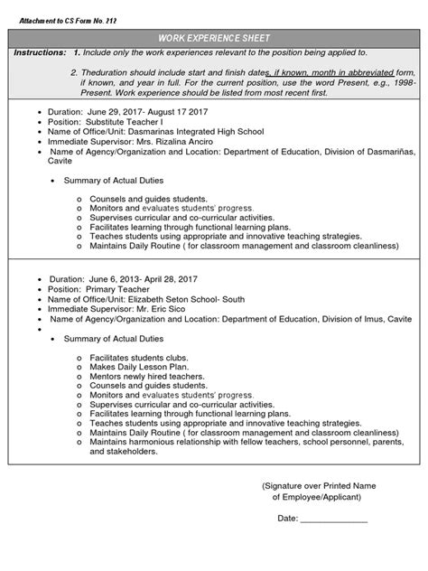 Work Experience Sheet Cs Form No 212 Pdf Classroom Management Teachers