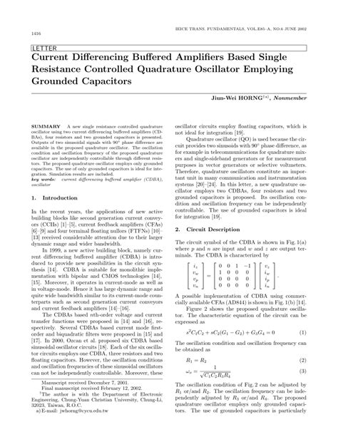 Pdf Current Differencing Buffered Amplifiers Based Single Resistance Controlled Quadrature