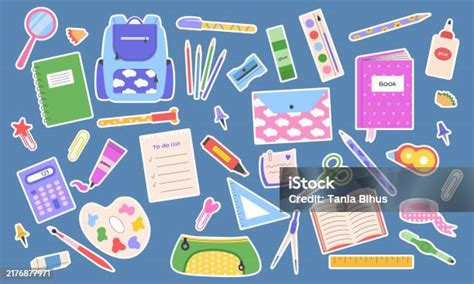 학용품 스티커 세트 문구류 및 학습 용품 책 자 연필 계산기 마커 벡터 일러스트 레이 션 0명에 대한 스톡 벡터 아트 및 기타 이미지 Istock