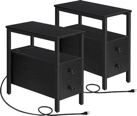 Set Of 2 End Tables With Charging Station Narrow Side Table With