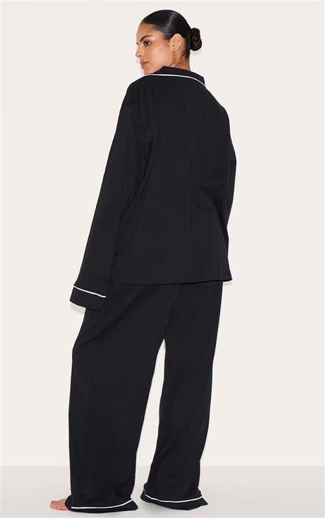 Plus Black Jersey Piping Detail Long Pj Set Plus Size