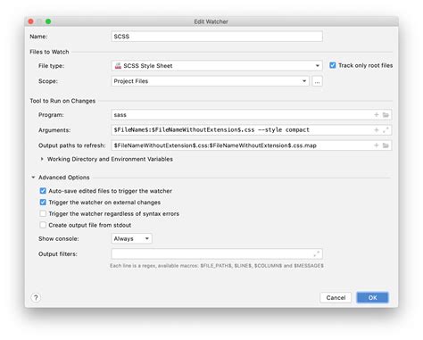 Jetbrains 系列开发工具，如何配置 `scss` `file Watcher` ，相关输出配置参数详解：webstorm