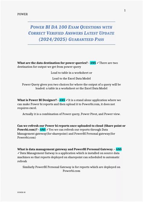 Power Bi Da 100 Exam Questions With Correct Verified Answers Latest Update 2024 2025