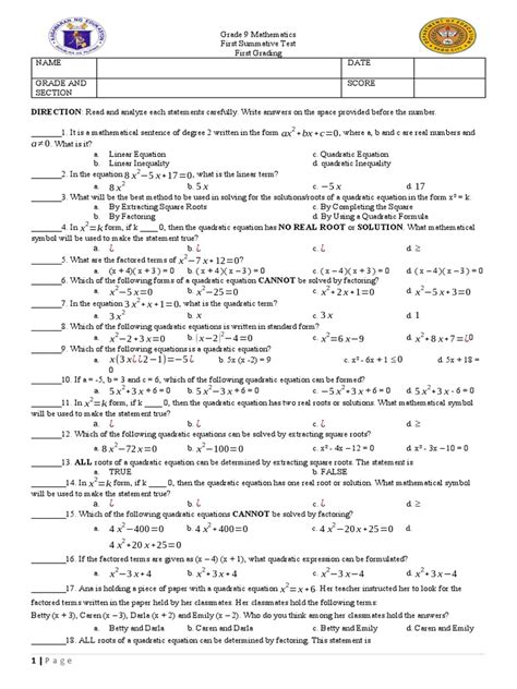 Summative Test 1 Q1 Pdf Quadratic Equation Equations