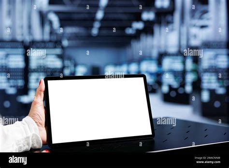 Close Up Shot Of Mock Up Tablet Used By Technician In Server Hub Delivering Immense Computing
