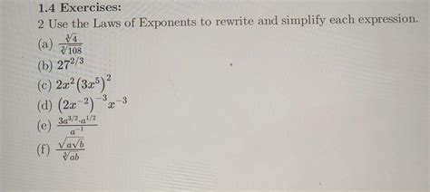 solved 1 4 exercises 2 use the laws of exponents to rewrite