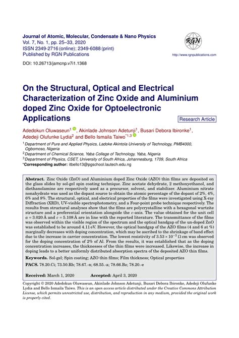 Pdf On The Structural Optical And Electrical Characterization Of