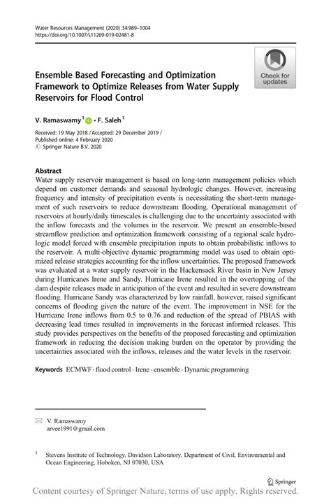 Ensemble Based Forecasting And Optimization Framework To Optimize Releases From Water Supply