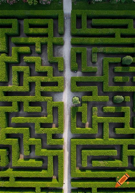 Aerial View Of A Green Grass Hedge Maze With A Path Marked By White