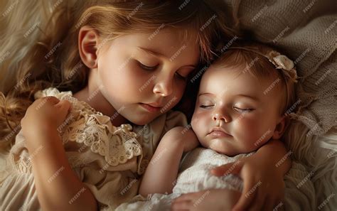 Premium Photo Elder Sister Embraces Newborn Sibling In A Heartwarming