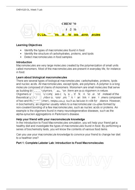 chem 120 week 7 lab ol lab 12 introduction to food macromolecules