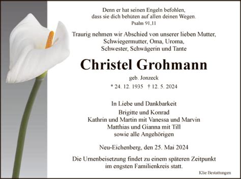 Traueranzeigen Von Christel Grohmann Trauerhnade