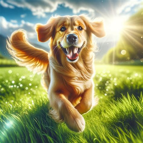 Happy Golden Retriever Frolicking In Green Meadow Ai Art Generator