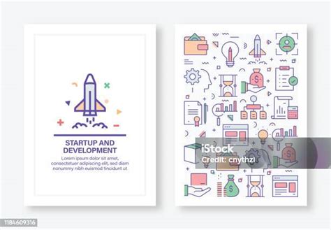 브로셔 전단지 표지 책 연례 보고서 표지 레이아웃 디자인 템플릿에 대한 시작 및 개발 관련 아이콘이있는 벡터 일러스트레이션 사색에 대한 스톡 벡터 아트 및 기타 이미지