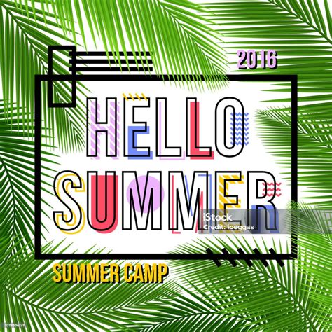 그것은 여름 시간 포스터 템플릿입니다 여름 열 대 잎과 레터링 안녕하세요 여름 캠프 포스터 여름 시간 배경입니다 벡터 일러스트입니다 계절에 대한 스톡 벡터 아트 및 기타