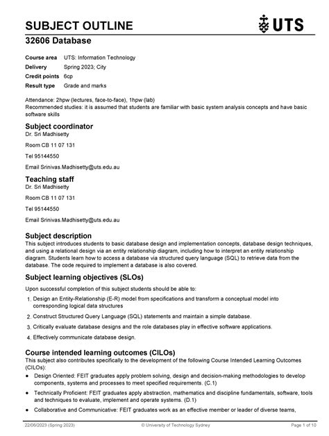 Database Subject Outline Subject Outline 32606 Database Attendance