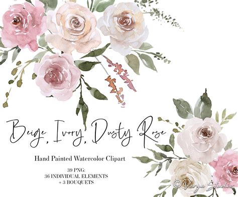 Watercolor Floral Clipart Dusty Rose Beige Ivory White Flowers Clip Art Wedding Clipart Cream