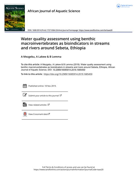 Pdf Water Quality Assessment Using Benthic Macroinvertebrates As