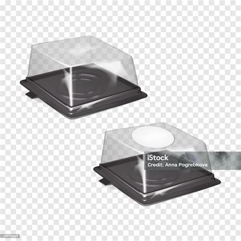 투명 돔 뚜껑과 흰색 빈 원형 라벨 스티커가 있는 정사각형 플라스틱 케이크 캐리어 상자 사실적인 3d 벡터 모형 빈 투명 투피스 베이커리 용기 모형 디자인용 템플릿 3차원
