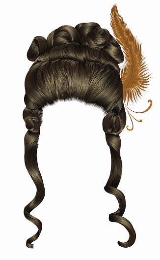 여자가 발 머리 곱슬 머리 깃털과 중세 스타일 Rococo Baroquehigh Hairdress입니다 가발에 대한 스톡 벡터