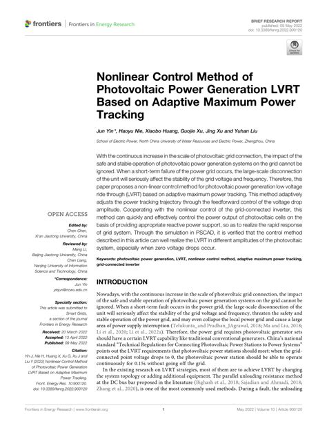 Pdf Nonlinear Control Method Of Photovoltaic Power Generation Lvrt Based On Adaptive Maximum