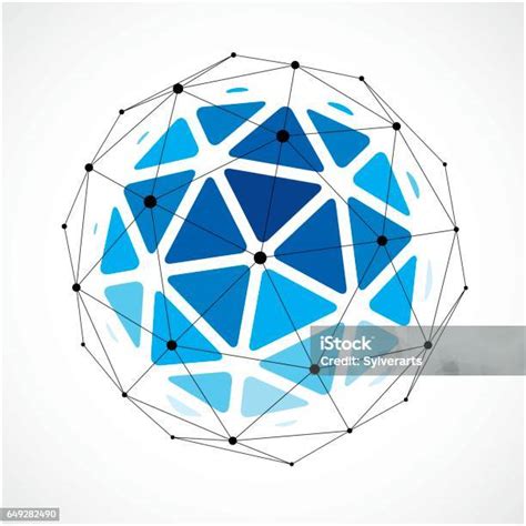 3d 벡터 낮은 폴 리 구형 개체 검정색 연결 된 선과 점 기하학적 파란색 와이어 프레임 모양 삼각 깎인 면으로 작성 된 원근