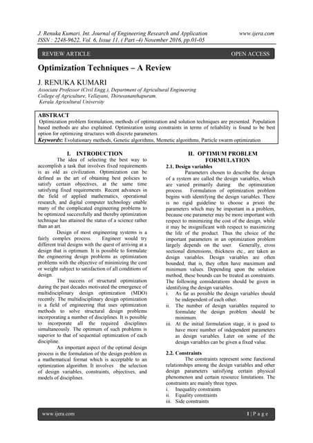 Optimization Techniques A Review Pdf