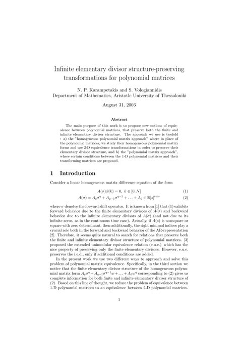 Pdf Infinite Elementary Divisor Structure Preserving Transformations For Polynomial Matrices