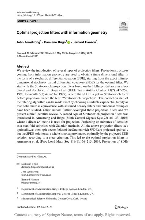 Pdf Optimal Projection Filters With Information Geometry