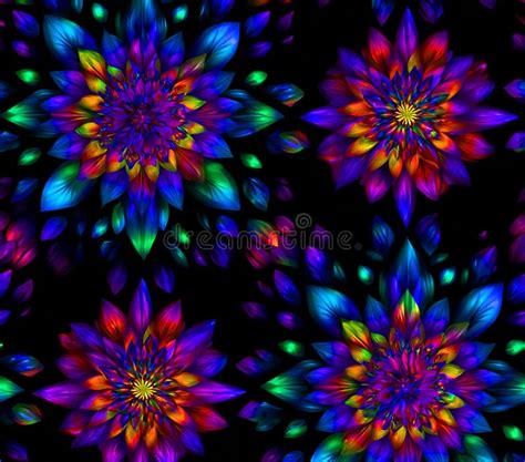 Vibrant Rainbow Floral Pattern Black Background Textile Design Stock