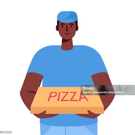 배달 주문 안에 피자와 골판지 상자를 들고 피자 배달 남자 빠른 택배 레스토랑 음식 서비스 만화 플랫 스타일의 벡터 일러스트레이션 검은색에 대한 스톡 벡터 아트 및 기타