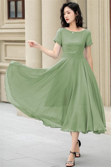 Sage Green Chiffon Midi Dress Women Summer Flowy Swing Dress Fit And