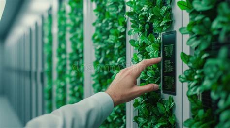 Green Tech Sustainable Data Center With Plants Server Rack Hand Stock