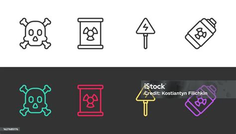 세트 라인 뼈와 두개골 경고 방사성 폐기물 배럴 고전압 표시 및 원자력 배터리를 흑백으로 설정합니다 벡터 검은색에 대한 스톡 벡터 아트 및 기타 이미지 Istock