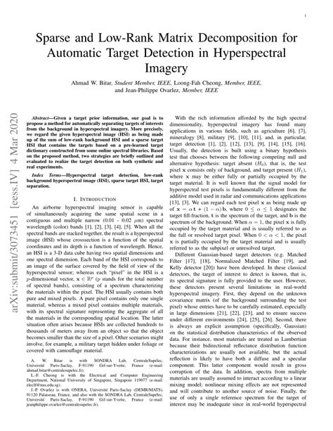 PDF Sparse And Low Rank Matrix Decomposition For Automatic Target Detection In Hyperspectral