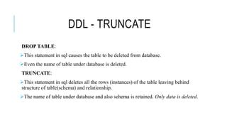 DBMS Commands DDL DML DCL ENTITY RELATIONSHIP Pptx