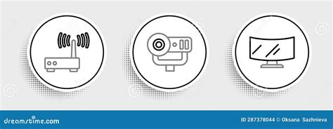 Set Line Computer Monitor Screen Router And Wi Fi Signal And Web Camera Icon Vector Stock