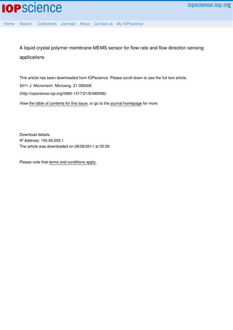 PDF A Liquid Crystal Polymer Membrane MEMS Sensor For Flow Rate And Flow Direction Sensing
