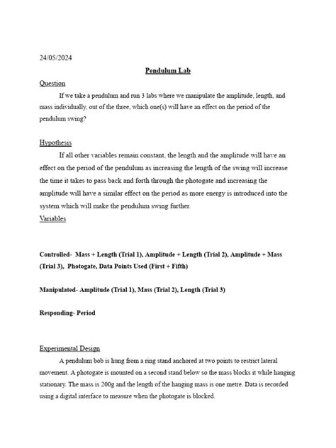 Pendulum Lab Effects On Swing Period Pdf Pendulum Mass
