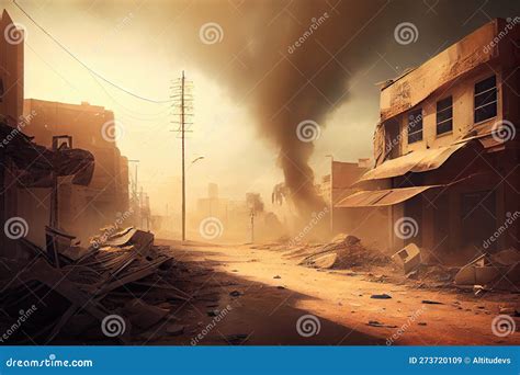 Postapocalyptic Cityscape With View Of Massive Dust Storm Broken Glass