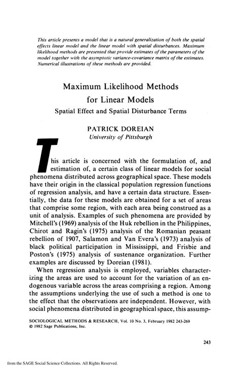 pdf maximum likelihood methods for linear models spatial effect and