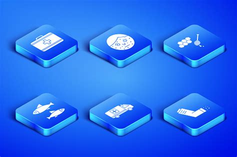 흡입기 응급 처치 키트 응급 차량 물고기 건선 또는 습진이 있는 얼굴 및 벌집 꿀 국자 아이콘을 설정합니다 벡터 3차원 형태에 대한 스톡 벡터 아트 및 기타 이미지 Istock