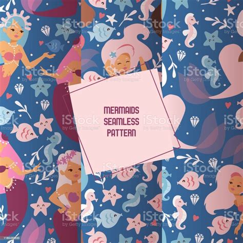 귀여운 인어와 해초와 식물 세트의 원활한 패턴 벡터 일러스트 재미있는 만화 캐릭터와 산호 여름 인어 소녀입니다 불가사리 해마 물고기 와 같은 수중 요소 공주에 대한 스톡