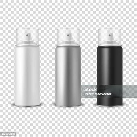 벡터 3d 사실화이트 실버 블랙 알루미늄 블랭크 스프레이 캔 병 투명 뚜껑 세트 절연 디자인 템플릿 분무기 캔 모의 패키지 광고