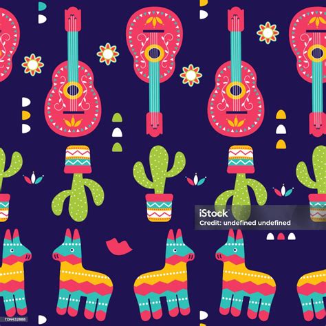 Cinco De 마요 완벽 한 패턴 멕시코에서 축제 평면 스타일 Pinata 선인장 식물과 기타 바이올렛에 기타와 전통적인 멕시코 민족 상징의 T 셔츠 인쇄 멕시코에 대한