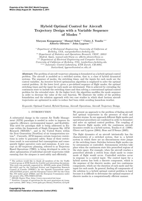 Pdf Hybrid Optimal Control For Aircraft Trajectory Design With A