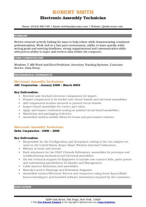 Electronic Assembly Technician Resume Samples Qwikresume