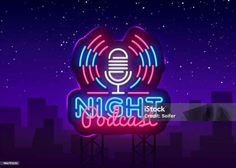 포드 캐스트 네온 사인 벡터 밤 팟캐스트 디자인 서식 파일 네온 사인 라이트 배너 네온 간판 야간 밝은 광고 가벼운 비문 벡터 일러스트입니다 빌보드 간판에 대한 스톡 벡터