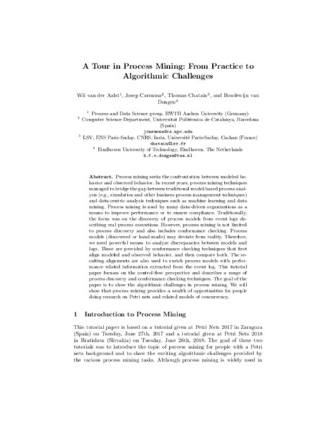 Pdf A Tour In Process Mining From Practice To Algorithmic Challenges